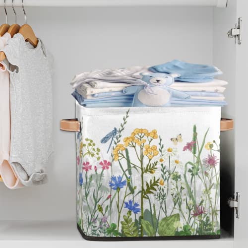 Storage Basket Dragonfly Spring Flower Butterfly Plant Collapsible Storage Bin with Handles Large Canvas Storage Cubes Toy Basket for Shelves Closet Nursery Cabinet Living Room Organizer 13x13x13"