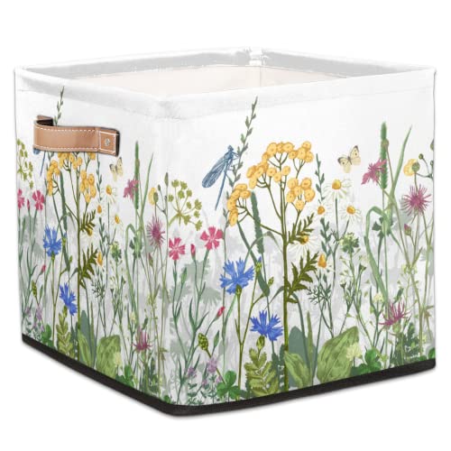 Storage Basket Dragonfly Spring Flower Butterfly Plant Collapsible Storage Bin with Handles Large Canvas Storage Cubes Toy Basket for Shelves Closet Nursery Cabinet Living Room Organizer 13x13x13"