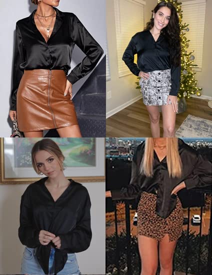 Zeagoo Satin Blouses for Women Long Sleeve Silk Button Down Shirts Causal Loose Business Work Top Black