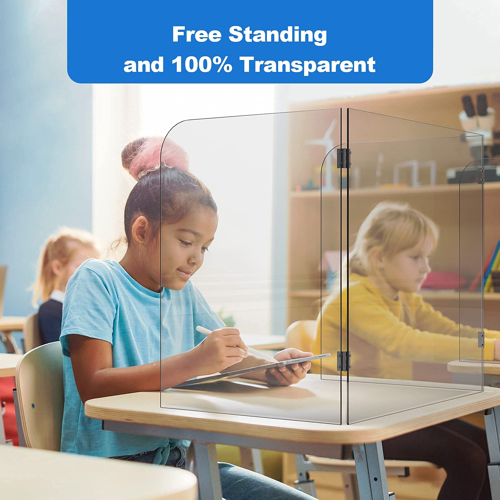Desk Shields for Classroom - Clear Acrylic Plexiglass Barrier for Counter, Trifold Sneeze Guard for Desk, Restaurant, Table, Classroom, Teacher, Student