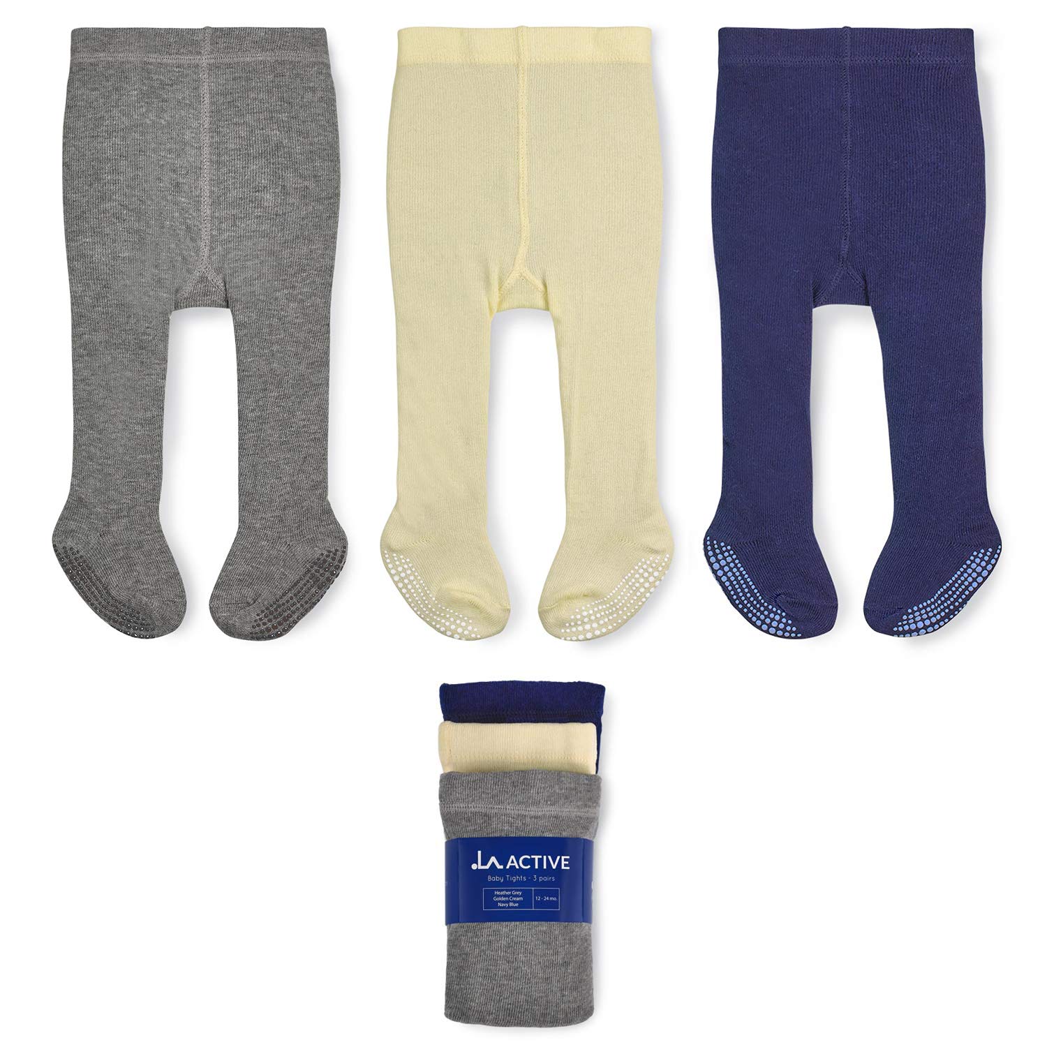 LA Active Girls' Baby Leggings - Cotton, 3 Pairs of Non-Slip Newborn & Toddler Tights - Grey & Cream & Navy - 0-3 Months
