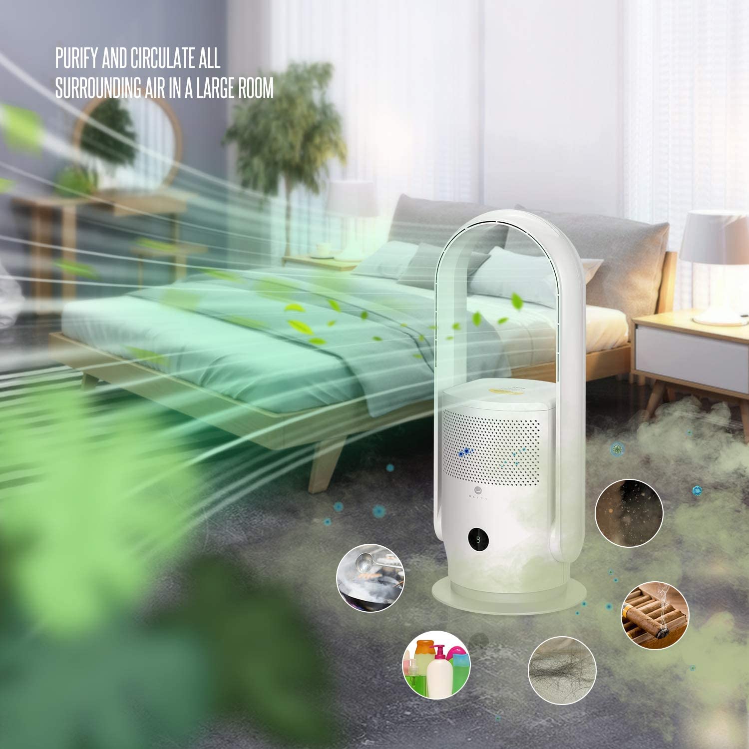 ULTTY Bladeless Tower Fan with Air Purifier, 90° Oscillating Bladeless Fan with Remote, Touch, 8H Timer, Floor Fans for Bedroom Whole Room Home Office R021, White