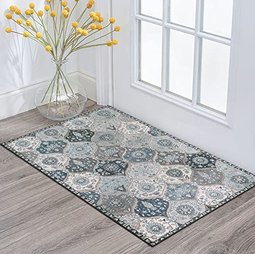 Lahome Moroccan Trellis Washable Area Rug - 2x3 Small Rug Non-Slip Entryway Rug Vintage Indoor Door Mat Distressed Accent Ultra-Thin Throw Rug Carpet for Entry Bathroom Kitchen Bedroom(2x3ft,Blue)