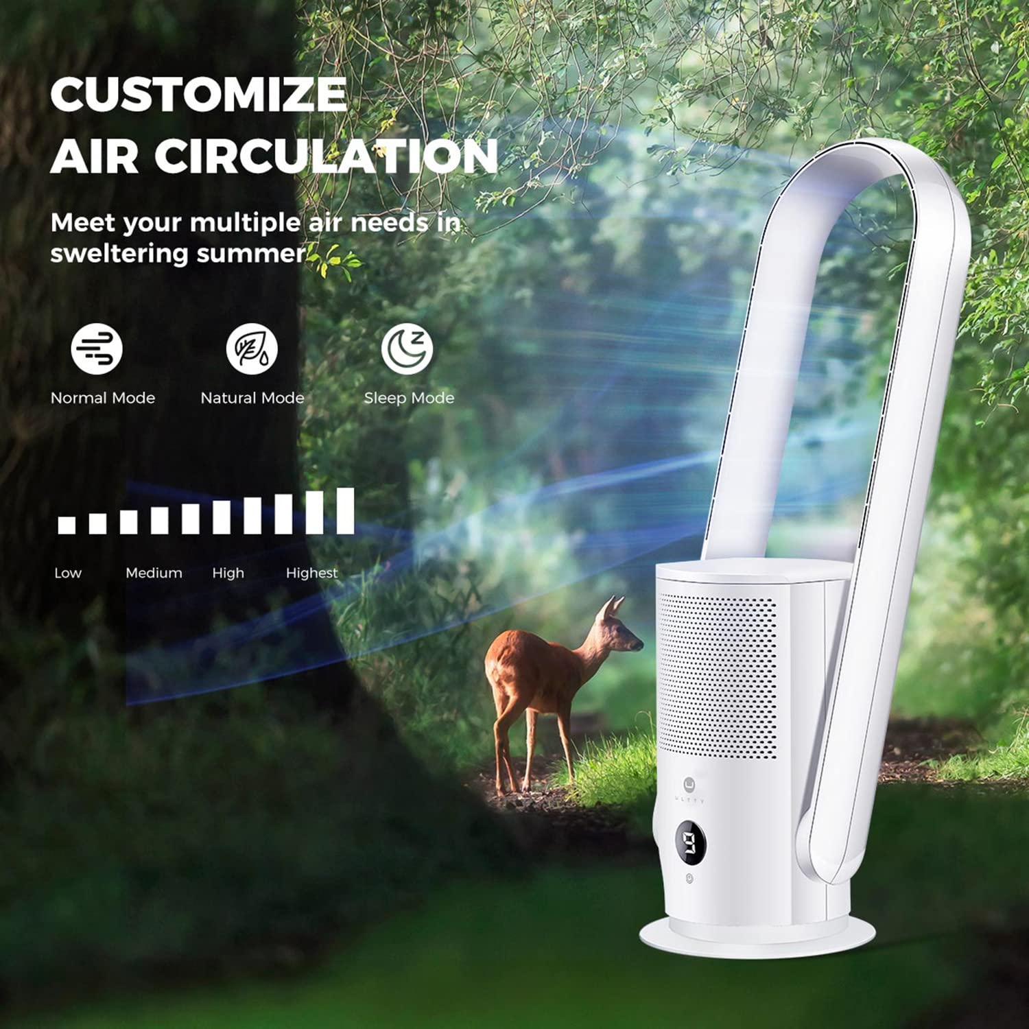 ULTTY Bladeless Tower Fan with Air Purifier, 90° Oscillating Bladeless Fan with Remote, Touch, 8H Timer, Floor Fans for Bedroom Whole Room Home Office R021, White