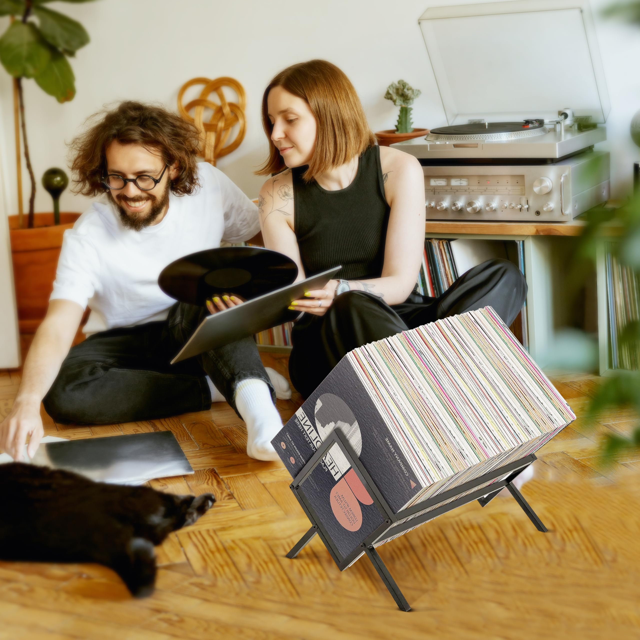 2BHOME Vinyl Record Storage Holder, Holds up to 90 -110 LPs, Metal Vinyl Record Organizer Stand, Simple/Functional/Easy Assembly, Classical Design for Files/Book/Magazine Record Rack (Black)