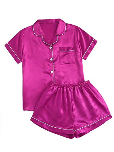 SweatyRocks Women's Short Sleeve Sleepwear Button Down Satin 2 Piece Pajama Set Hot Pink Medium