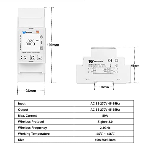 WAMARIN Smart Multifuctional Energy Meter 2 Wire Single Phase 80A, WIFI Electricity Usage Digital Monitor, Remote Control Current Voltage Protection, Compatible with Alexa Google Assistant, 2121