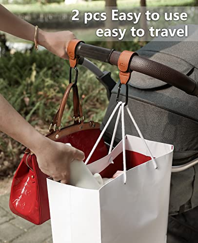 yueqian Stroller Hooks Bag Hooks for Hanging Diaper Bags Multipurpose Hooks for Grocery Shopping Bags Premium Vegan Leather Pram Straps Baby Stroller Hooks 2Pcs (Brown)