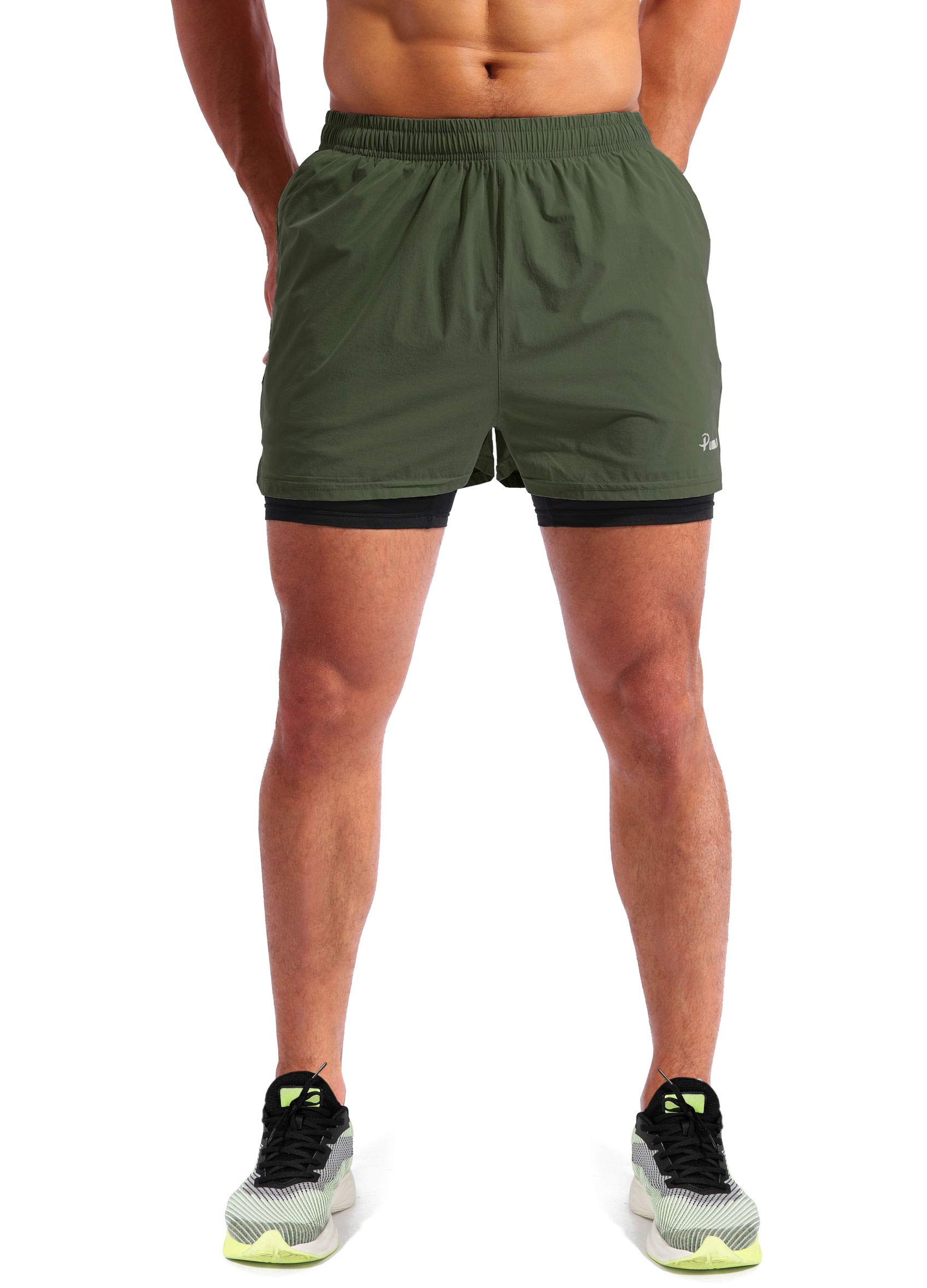 Pudolla Men’s 2 in 1 Running Shorts 5" Quick Dry Gym Athletic Workout Shorts for Men with Phone Pockets(Dark Green Medium)