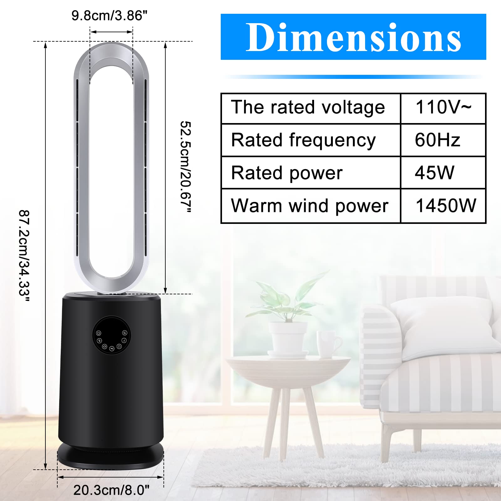 HealSmart 35-inch Space Heater Bladeless Tower Fan, Heater & Cooling Air Purifier, with Remote Control, Air Circulator Fan for Home Air Conditioner, black