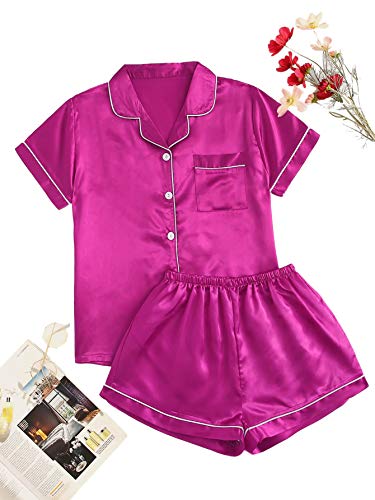 SweatyRocks Women's Short Sleeve Sleepwear Button Down Satin 2 Piece Pajama Set Hot Pink Medium