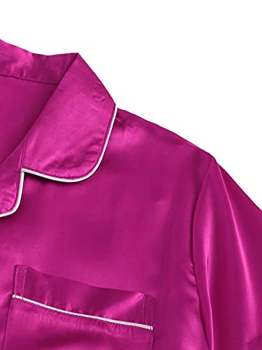 SweatyRocks Women's Short Sleeve Sleepwear Button Down Satin 2 Piece Pajama Set Hot Pink Medium