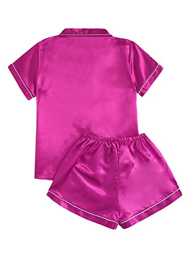 SweatyRocks Women's Short Sleeve Sleepwear Button Down Satin 2 Piece Pajama Set Hot Pink Medium
