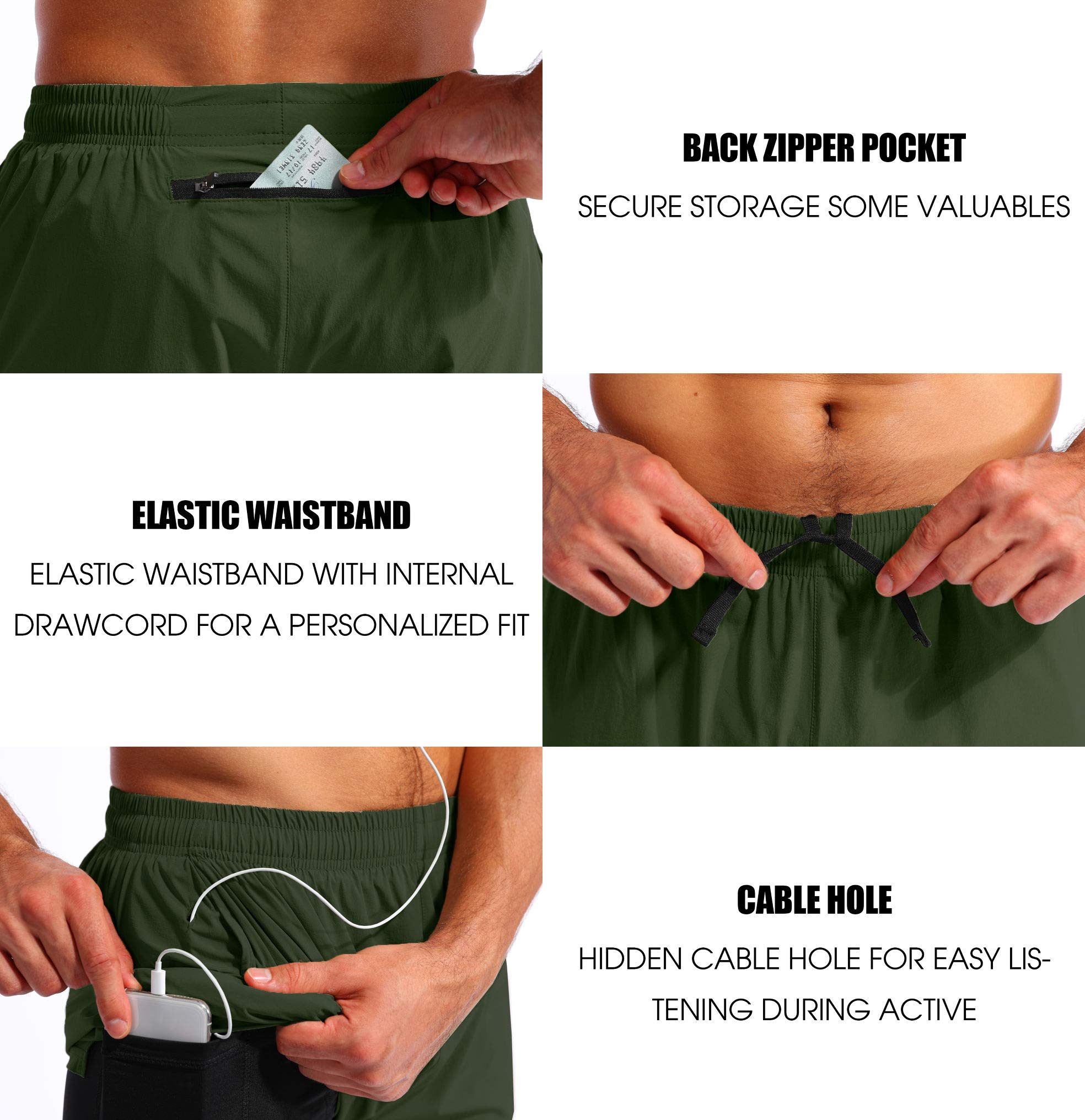 Pudolla Men’s 2 in 1 Running Shorts 5" Quick Dry Gym Athletic Workout Shorts for Men with Phone Pockets(Dark Green Medium)