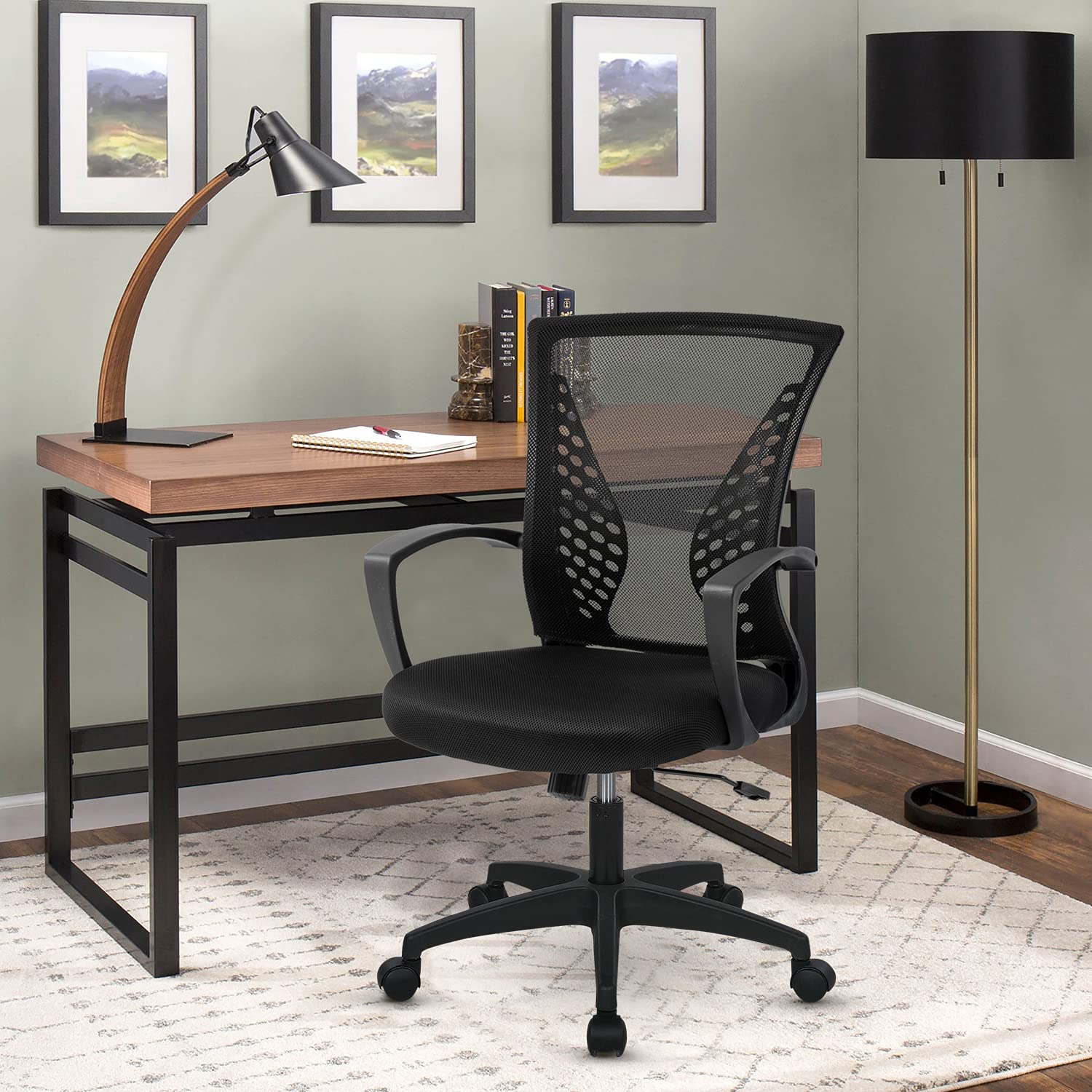 Office Chair Computer Chair Ergonomic Mid Back Swivel Chair Rolling Desk Chair with Armrest Height Adjustable Lumbar Support Mesh Chair,Black