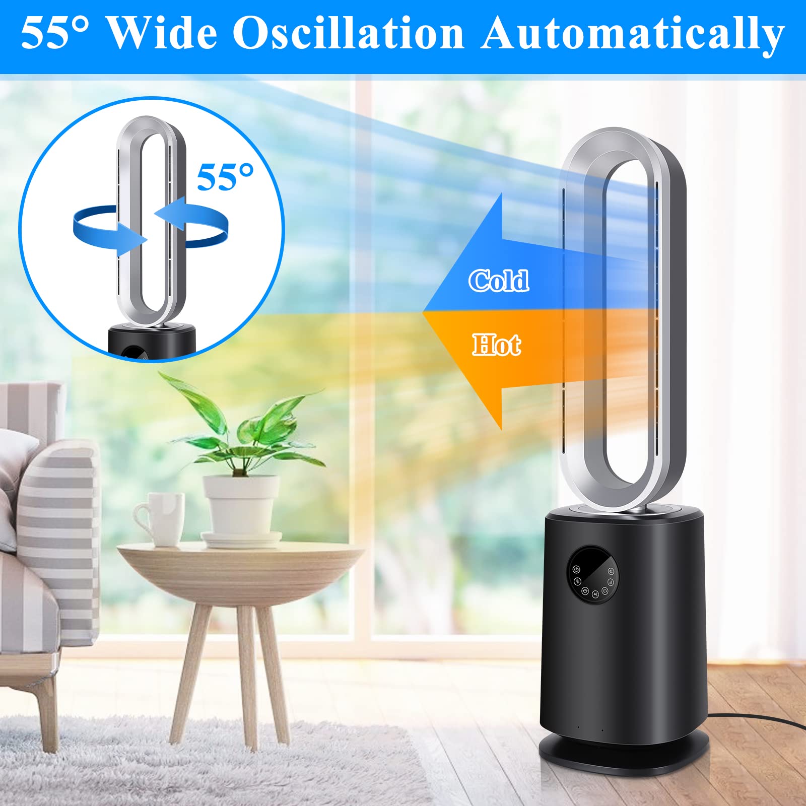 HealSmart 35-inch Space Heater Bladeless Tower Fan, Heater & Cooling Air Purifier, with Remote Control, Air Circulator Fan for Home Air Conditioner, black