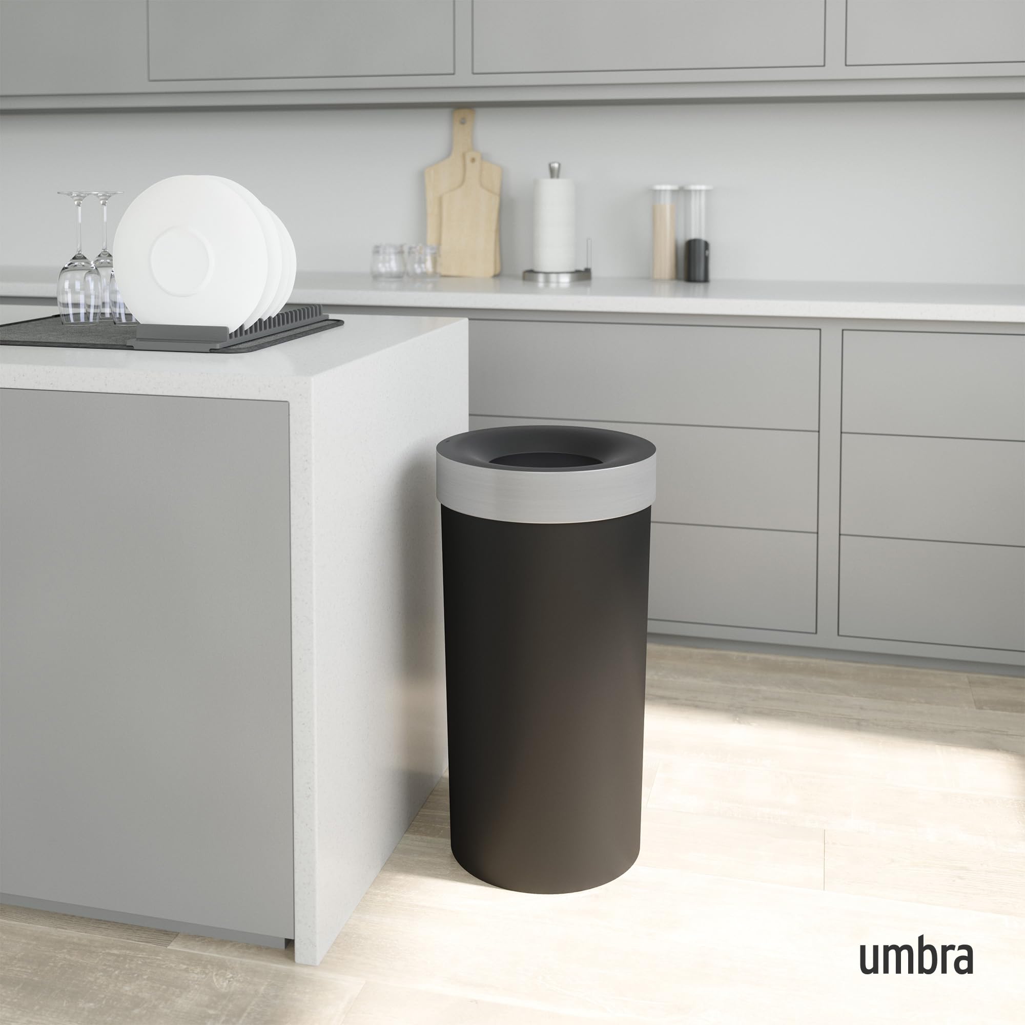 Umbra Vento Open Top 16.5-Gallon Kitchen Trash Large, Garbage Can for Indoor, Outdoor or Commercial Use, Black/Nickel