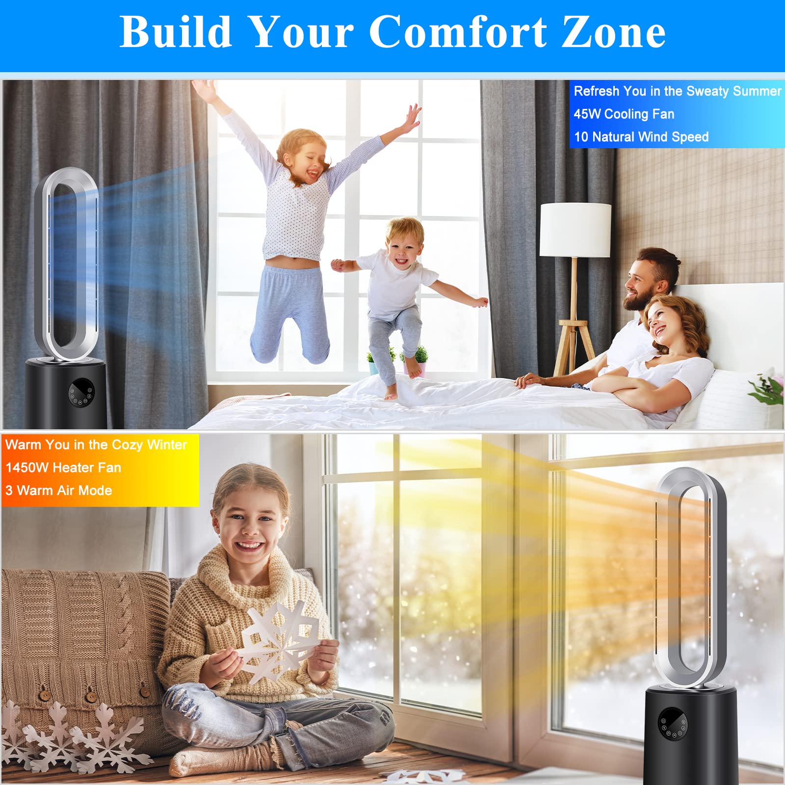HealSmart 35-inch Space Heater Bladeless Tower Fan, Heater & Cooling Air Purifier, with Remote Control, Air Circulator Fan for Home Air Conditioner, black