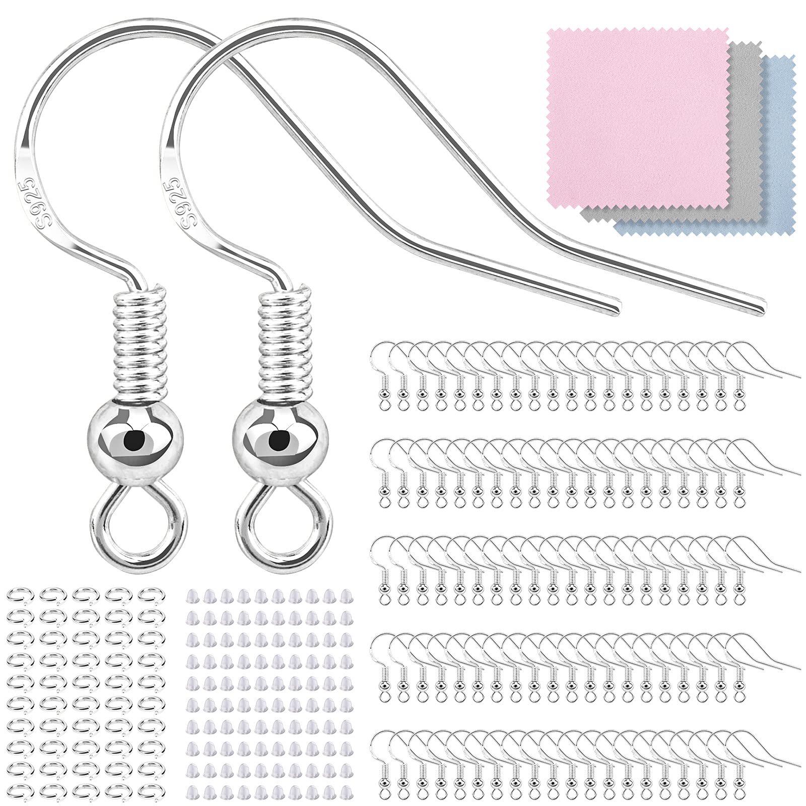 100 PCS/50 Pairs Earring Hooks, 925 Sterling Silver Hypoallergenic Earring Hooks for Jewelry Making, 300 PCS Upgraded Earring Making kit, Earring Making Supplies with Earring Backs and Jump Rings