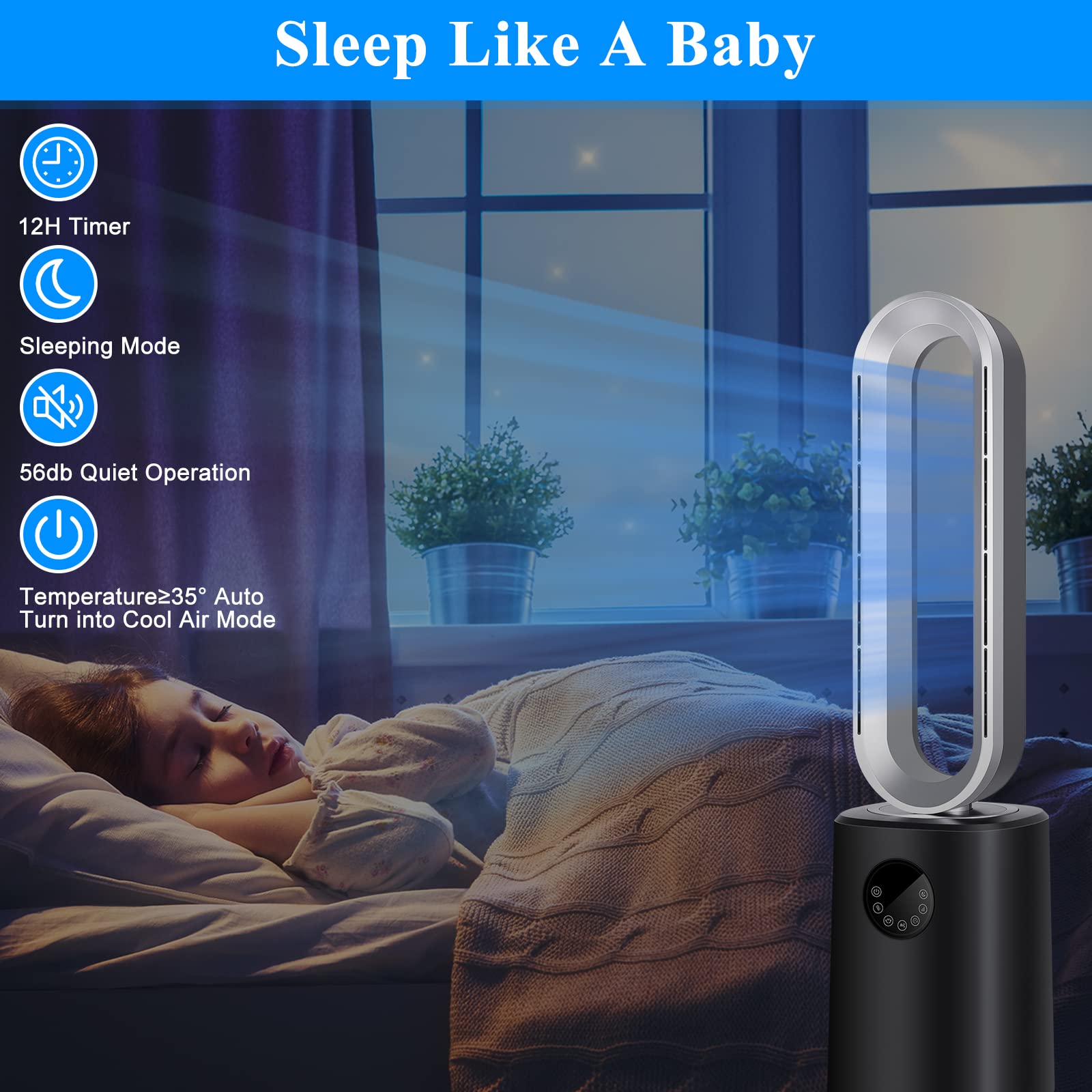 HealSmart 35-inch Space Heater Bladeless Tower Fan, Heater & Cooling Air Purifier, with Remote Control, Air Circulator Fan for Home Air Conditioner, black