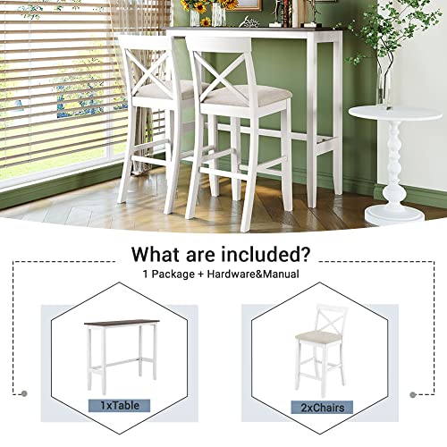 Polibi 3-Piece Bar Height Dining Set with 48”Rectangular Bar Table and 2 Padded Chairs for Dining Room Kitchen Breakfast Nook, Cherry+White