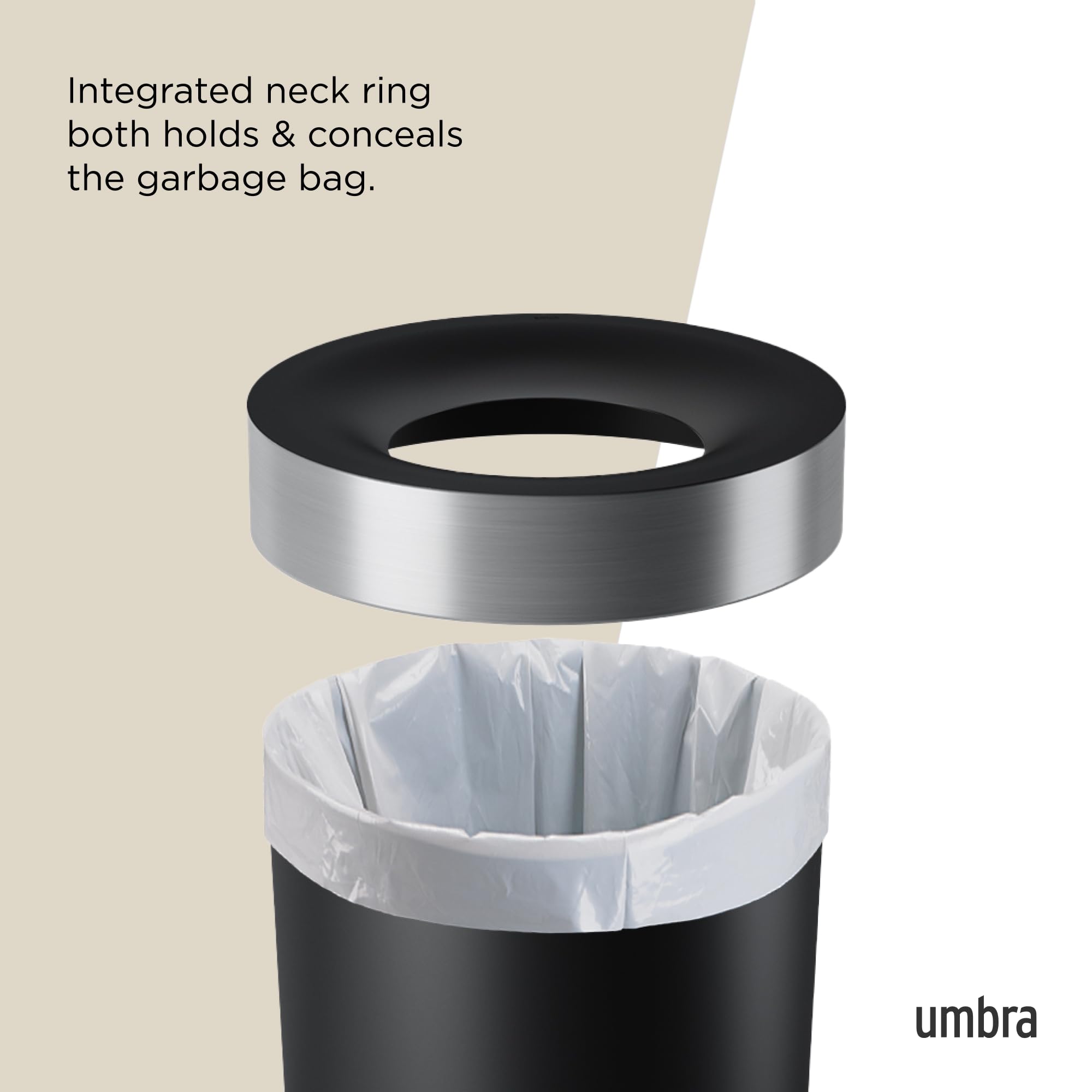 Umbra Vento Open Top 16.5-Gallon Kitchen Trash Large, Garbage Can for Indoor, Outdoor or Commercial Use, Black/Nickel