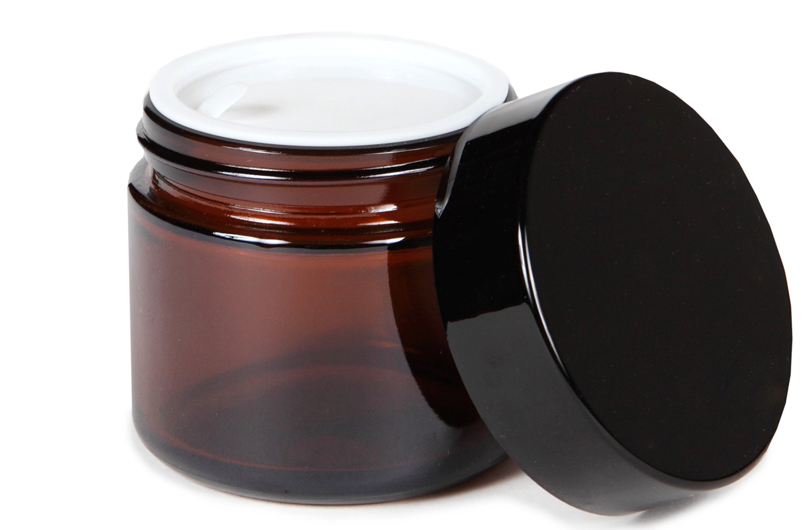 Vivaplex, 12, Amber, 2 oz, Round Glass Jars, with Inner Liners and black Lids