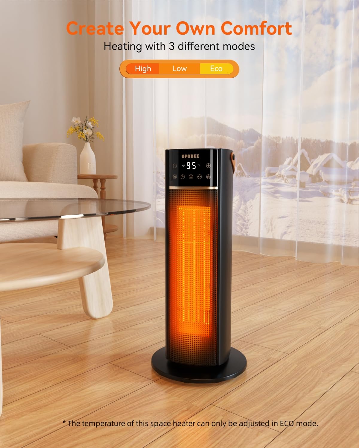 OPODEE Space Heater, 1500W PTC Ceramic Heating 18" Electric Space Heater for Office, Large Room, Indoor Use, Bedroom, Portable Heater with Thermostat, Safety Protection, 70°Oscillating, 24H Timer