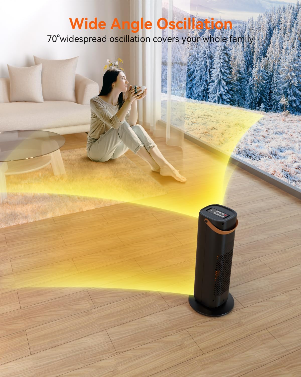 OPODEE Space Heater, 1500W PTC Ceramic Heating 18" Electric Space Heater for Office, Large Room, Indoor Use, Bedroom, Portable Heater with Thermostat, Safety Protection, 70°Oscillating, 24H Timer