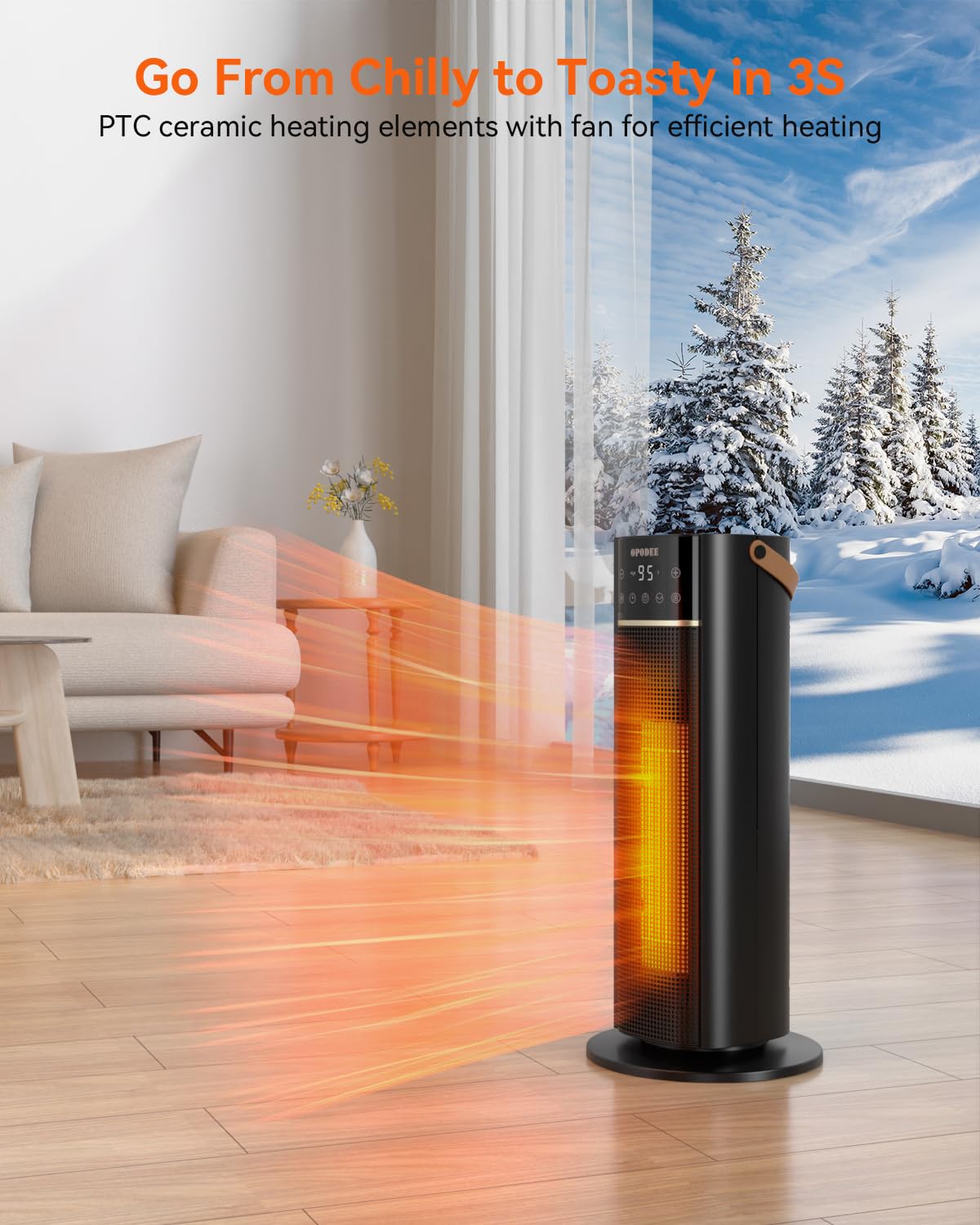 OPODEE Space Heater, 1500W PTC Ceramic Heating 18" Electric Space Heater for Office, Large Room, Indoor Use, Bedroom, Portable Heater with Thermostat, Safety Protection, 70°Oscillating, 24H Timer
