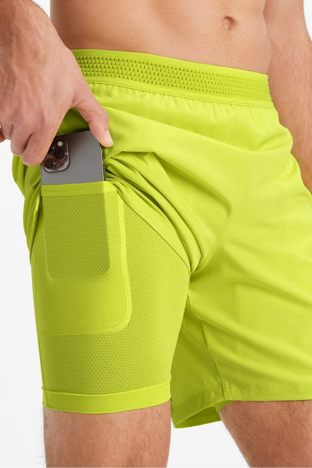 Fabletics Men's The Fundamental Short (Lined), Workout, Running, Training, Gym, Yoga, Ultra Lightweight, Athletic, 7" Inseam, XL, Zest