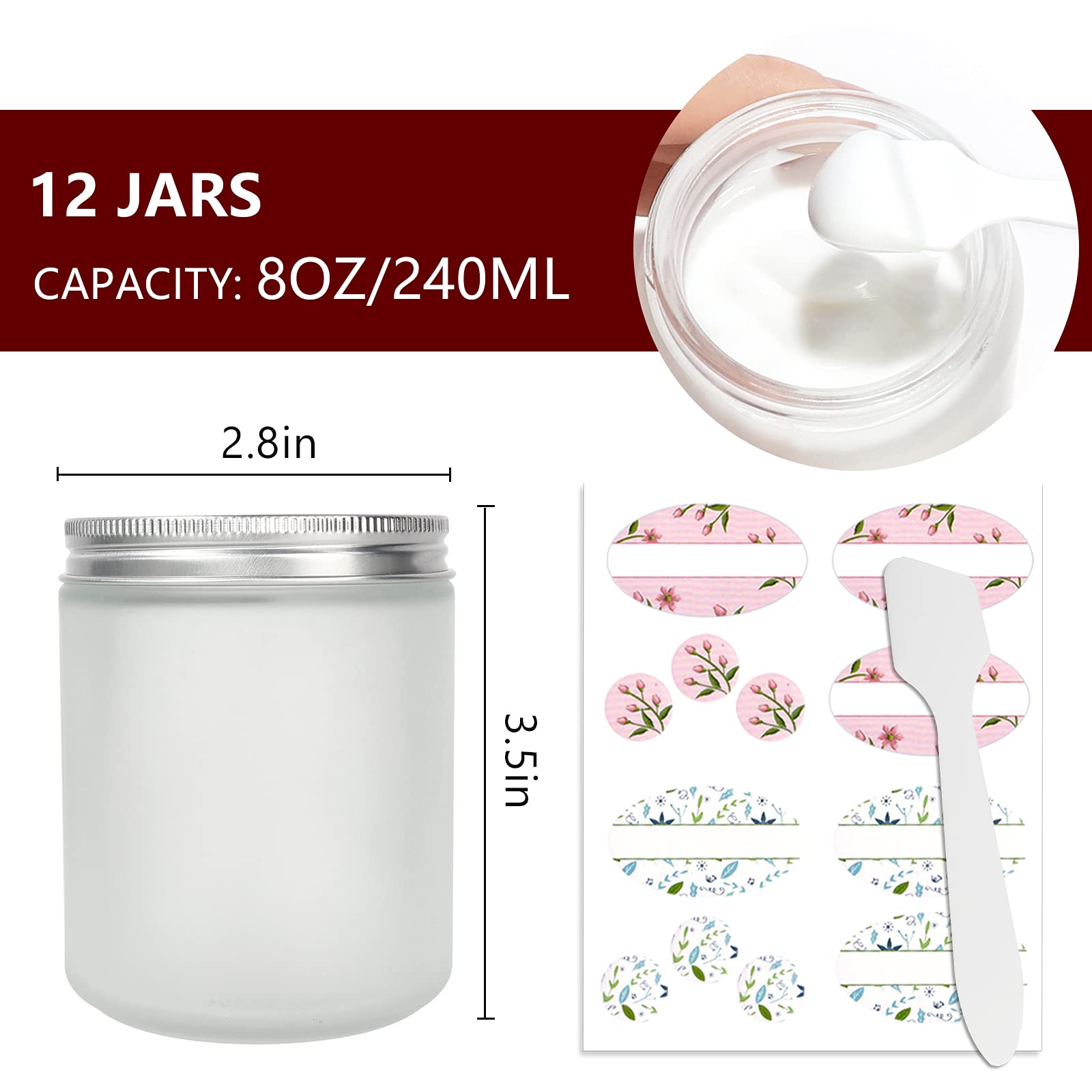 12 Pack 8 oz Round Frosted Glass Jars with Silver Metal Lids, 240ml Matte Clear Empty Candle Jars Cosmetic Jars Food Storage Containers, Canning Jars For Spice,Powder,Liquid,Sample,Face Cream Lotion