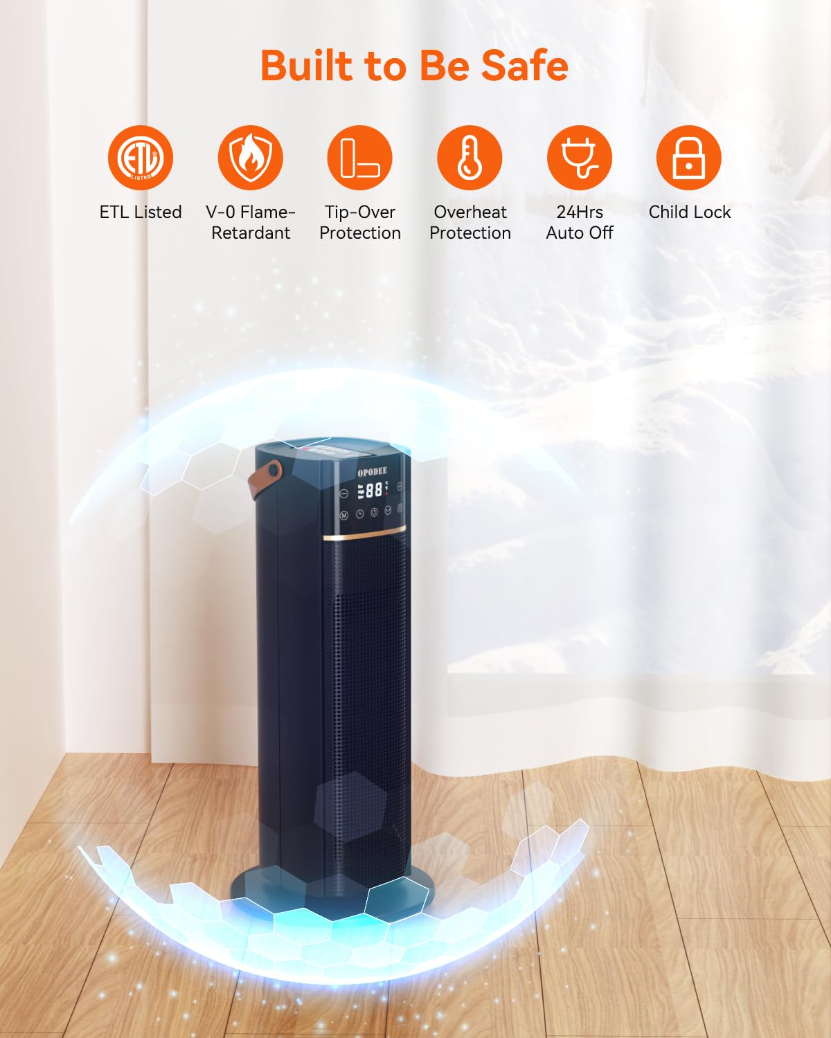 OPODEE Space Heater, 1500W PTC Ceramic Heating 18" Electric Space Heater for Office, Large Room, Indoor Use, Bedroom, Portable Heater with Thermostat, Safety Protection, 70°Oscillating, 24H Timer