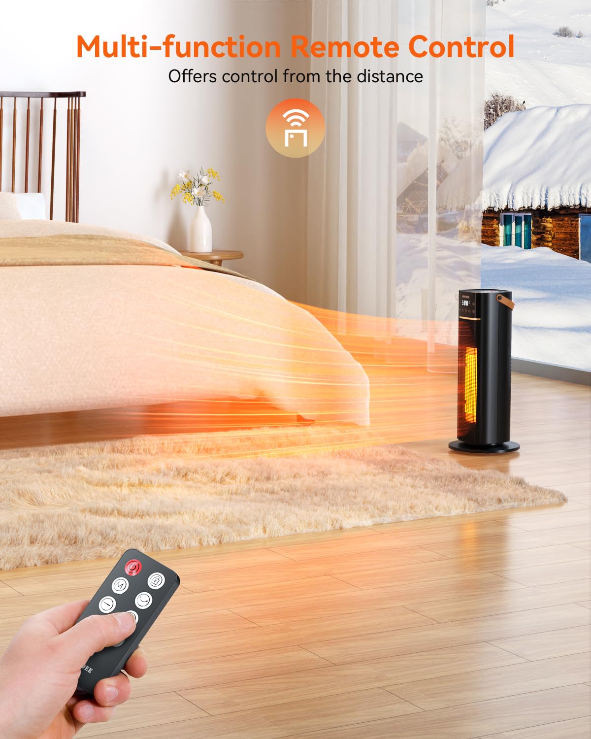 OPODEE Space Heater, 1500W PTC Ceramic Heating 18" Electric Space Heater for Office, Large Room, Indoor Use, Bedroom, Portable Heater with Thermostat, Safety Protection, 70°Oscillating, 24H Timer