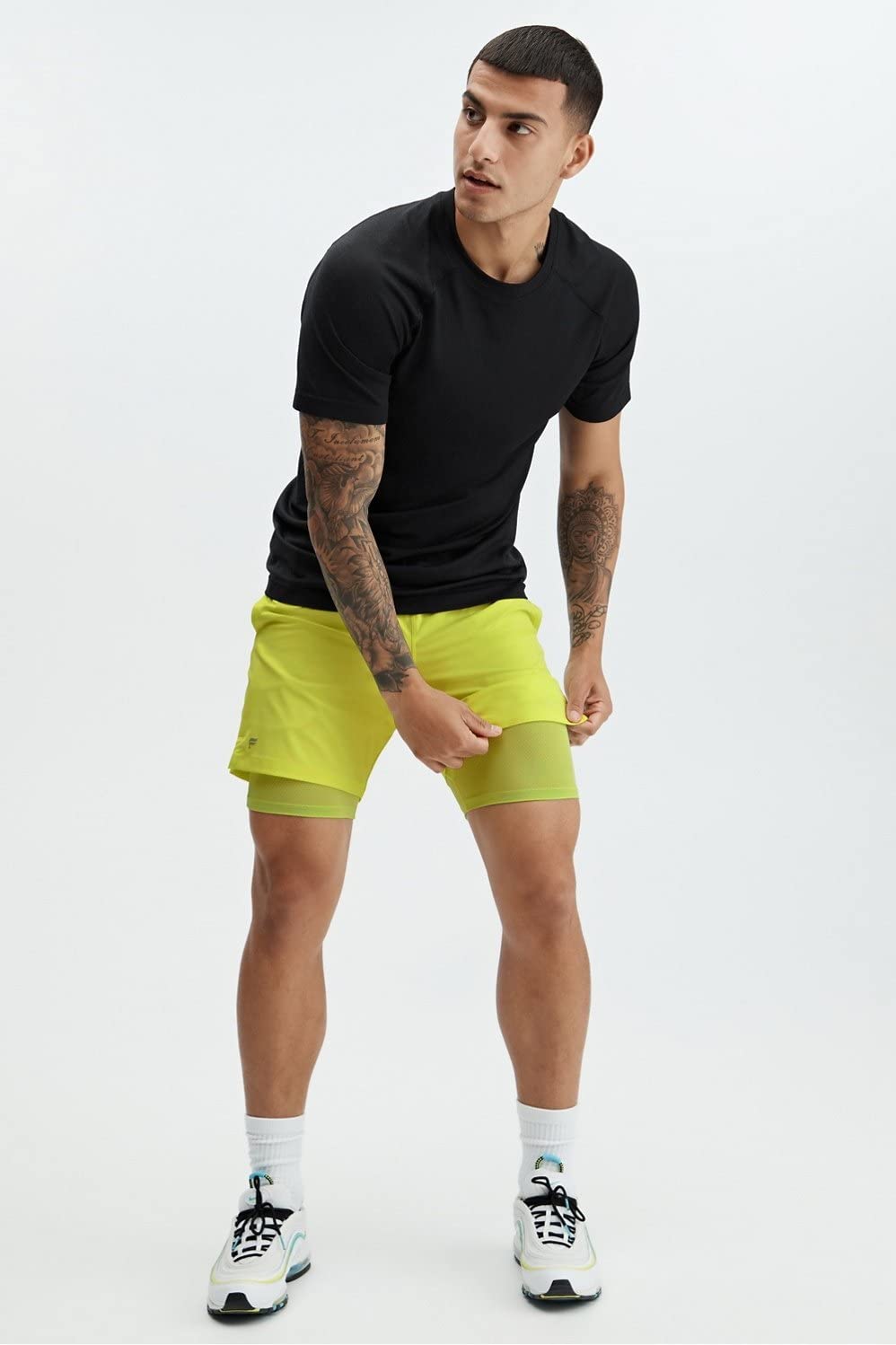 Fabletics Men's The Fundamental Short (Lined), Workout, Running, Training, Gym, Yoga, Ultra Lightweight, Athletic, 7" Inseam, XL, Zest