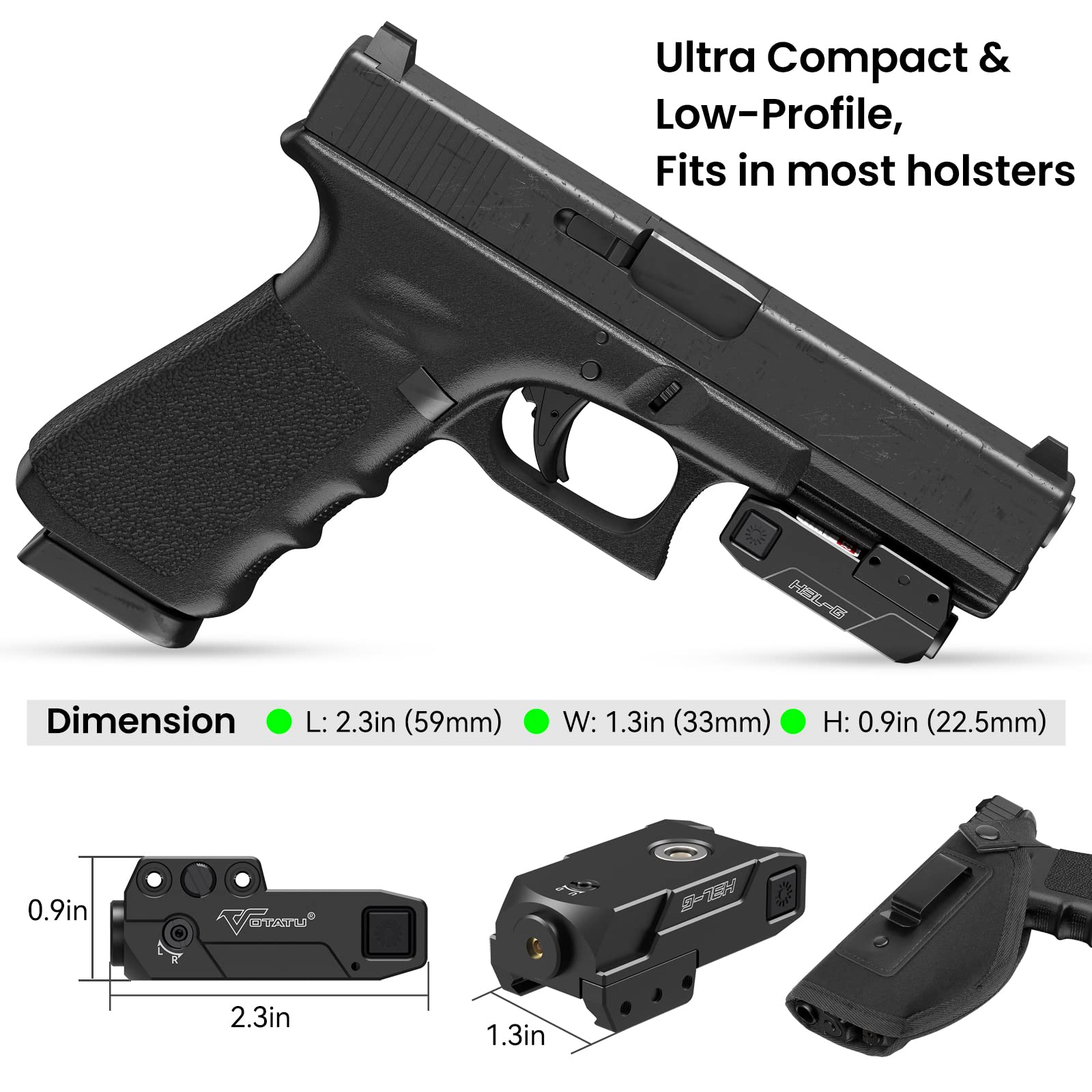 Votatu H3L-G Green Laser Sight, Aluminum Ultra Low Profile Picatinny Mount Green Dot Sight, Strobe Mode Available, Magnetic USB Rechargeable and Ambidextrous Control