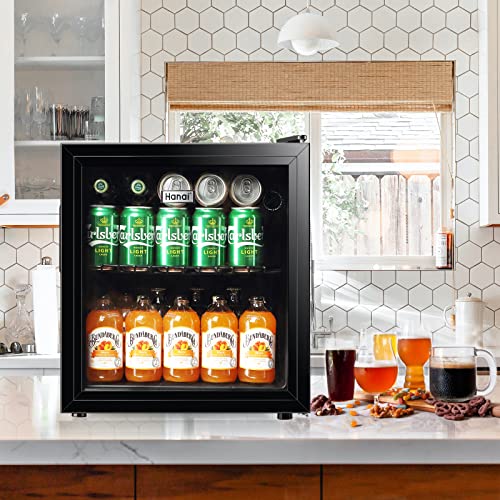 WANAI Beverage Refrigerator Cooler 60 Cans Mini Fridge Glass Door Mini Can Fridge 1.7 cu.ft Organizer for Beer Soda Wine Small Refrigerator with Blue LED for Home/Bar/Office/Dorm