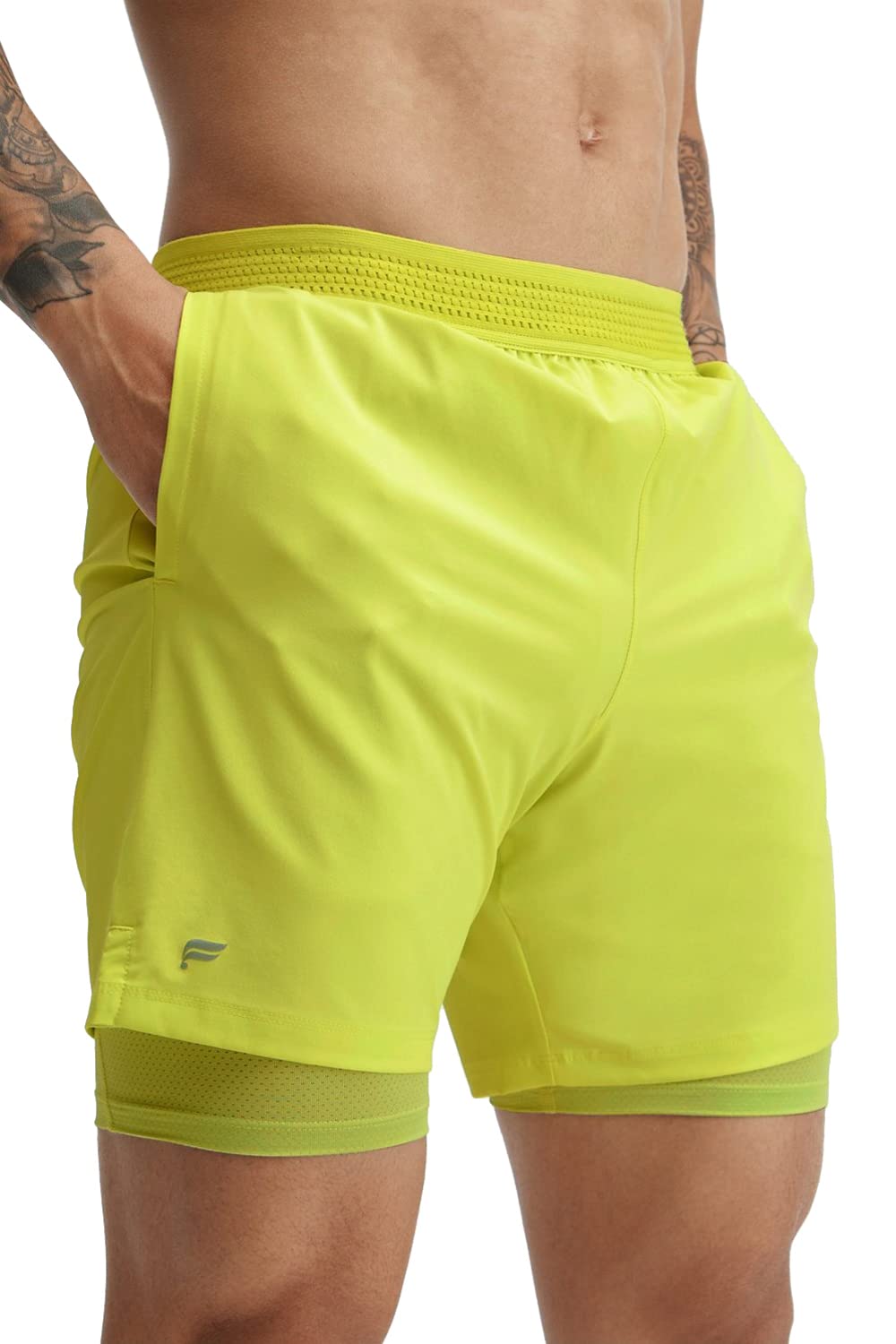 Fabletics Men's The Fundamental Short (Lined), Workout, Running, Training, Gym, Yoga, Ultra Lightweight, Athletic, 7" Inseam, XL, Zest