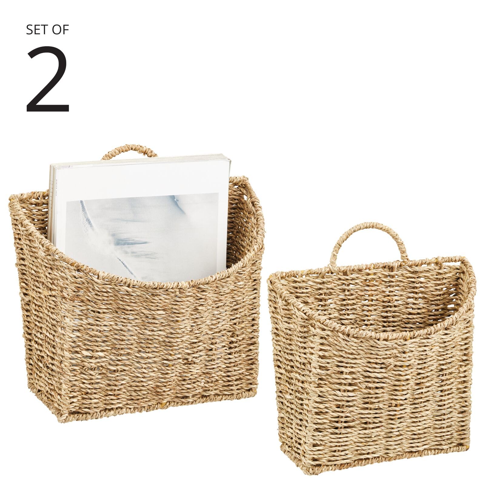 mDesign Woven Seagrass Hanging Wall Storage Basket for Flowers & Essentials, Decorative Boho Mounted Organizer for Pantry, Closet, Bathroom, and The Door - Set of 2 - Natural