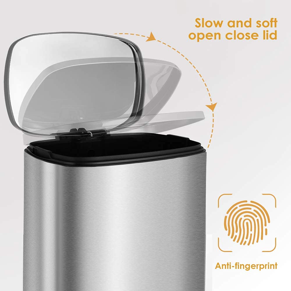 Pirecart 13.2 Gallon Trash Can, Stainless Steel Garbage Bin with Lid, Silent Gentle Open and Close Dustbin with Durable Pedal, Inner Bucket, for Kitchen Bathroom Livingroom Home Office ,Silver(50L)
