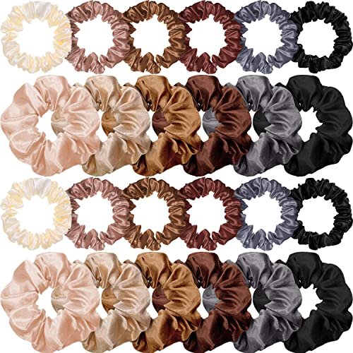 24 Pieces Satin Hair Scrunchies Silk Elastic Hair Bands Skinny Hair Ties Ropes Ponytail Holder for Women Girls Hair Accessories Decorations (Solid Pattern, Chic Colors)