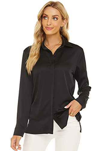 Escalier Women's Satin Silk Long Sleeve Button Down Shirt Casual Work Office Silky Blouse Top (Black, Small)