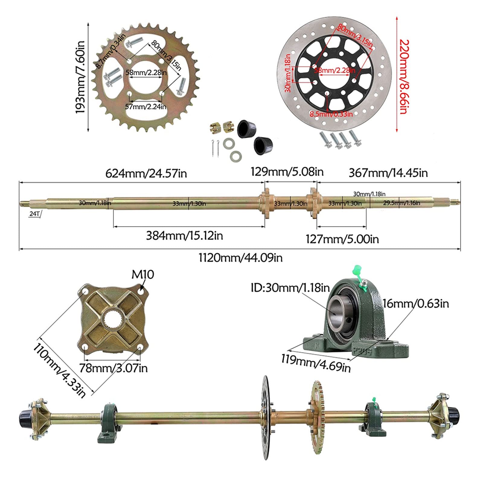MuChaIOAK 44" Rear Live Axle Complete Kit, Complete Go Kart Rear Rebuild Kit, with Sprocket + Pillow Block+ Brake Disc + 4 Bolt Hub for Go Kart Golf Cart ATV Buggy Quad