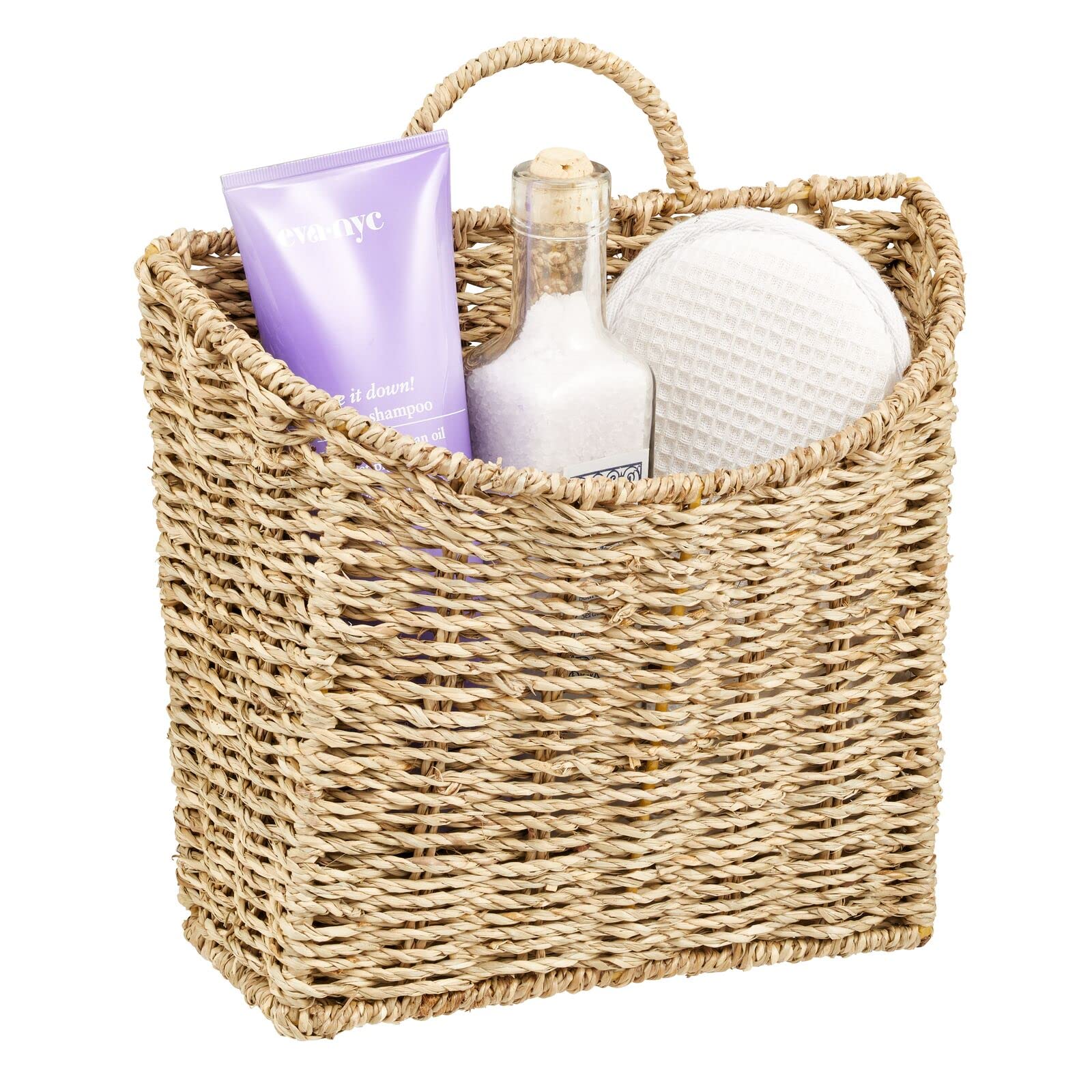 mDesign Woven Seagrass Hanging Wall Storage Basket for Flowers & Essentials, Decorative Boho Mounted Organizer for Pantry, Closet, Bathroom, and The Door - Set of 2 - Natural