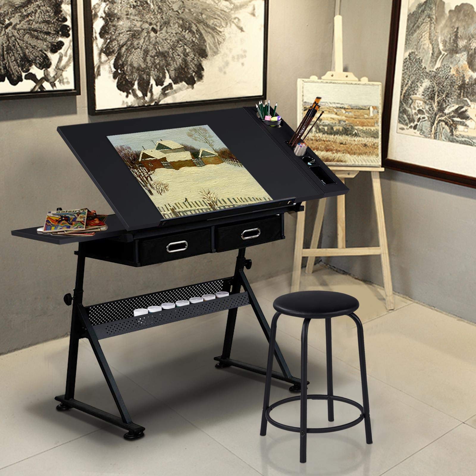 Topeakmart Drafting Table Height Adjustable Drawing Draft Desk Tiltable Tabletop Art Craft Work Station with Extra Retractable Board Table Stool Set for Diamond Painting Sewing Graphic Designere