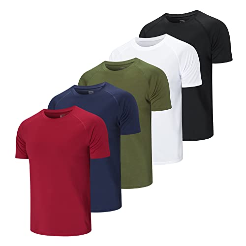 Cimic Workout Shirts for Men, 5 Pack Mens Crew Neck Casual Gym Shirts Short Sleeve Plain Athletic Moisture Wicking Dry Fit Active T-Shirts
