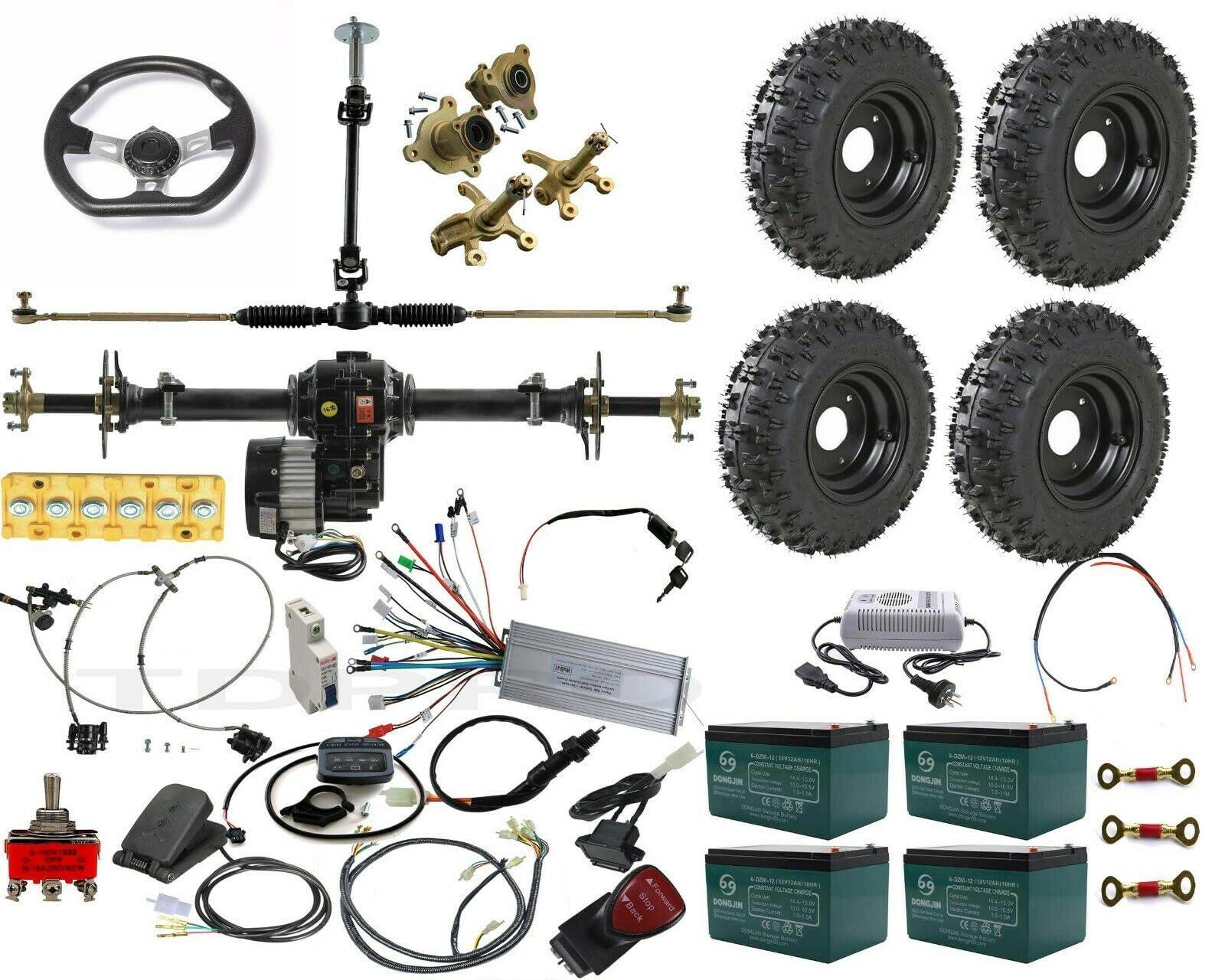 YC Yier Rear Differential Axle Kit 48V 1000W Electric Motor Controller Hydraulic Brake 4.10-6 Wheels Tires DIY Parts For Go Kart Golf Cart ATV Quad Buggy Trike Tricycle 4 Wheeler (30" Axle)