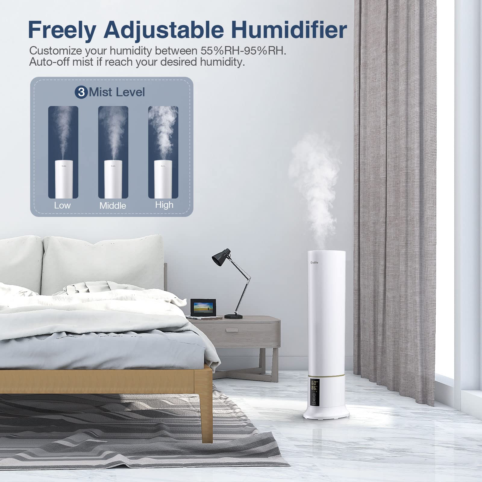 9L Large Humidifiers for Bedroom - Cool Mist Humidifier with 3 Mist Speeds, Remote Control, Top Fill Design, 360° Nozzle, 24H Timer | Whisper-Quiet Tower Design for Baby, Home, Adults, Plants