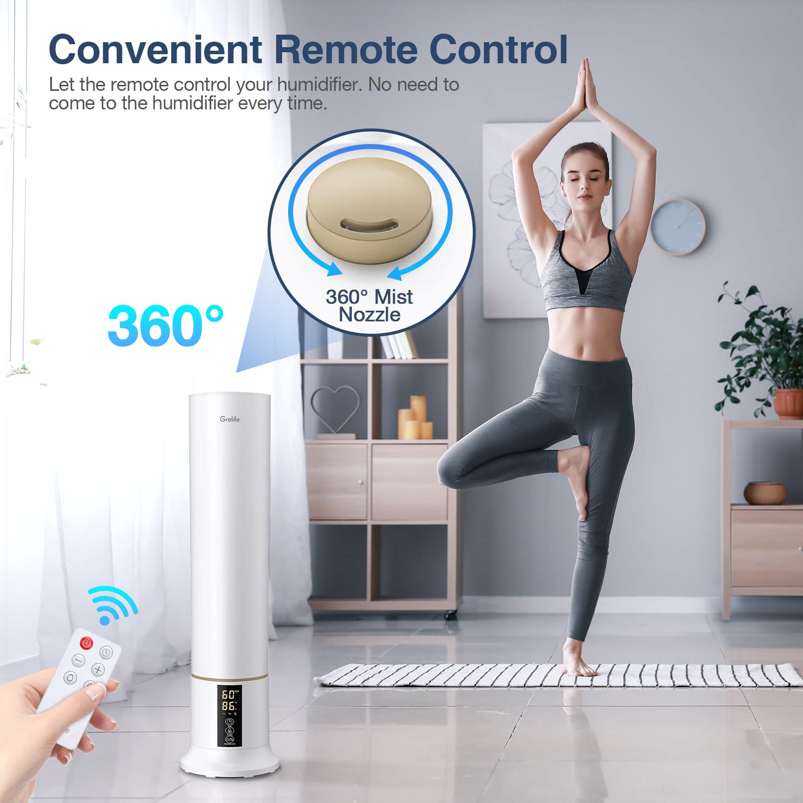 9L Large Humidifiers for Bedroom - Cool Mist Humidifier with 3 Mist Speeds, Remote Control, Top Fill Design, 360° Nozzle, 24H Timer | Whisper-Quiet Tower Design for Baby, Home, Adults, Plants