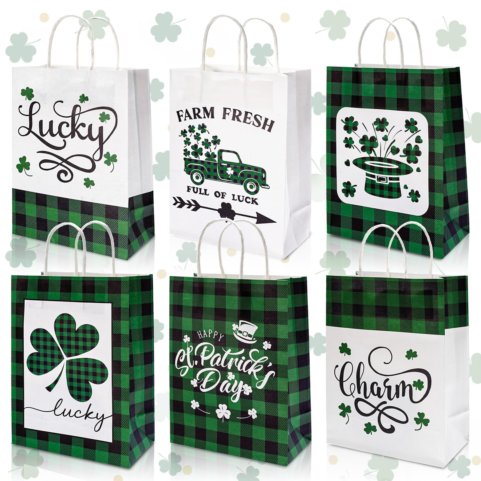 AnyDesign St. Patrick's Day Paper Bags with Handle Green Black Buffalo Plaids Shamrock Truck Gift Bags Lucky Charm Party Favor bags for Irish Holiday, 12Pcs, 5.9 x 8.3 x 3.1 Inch